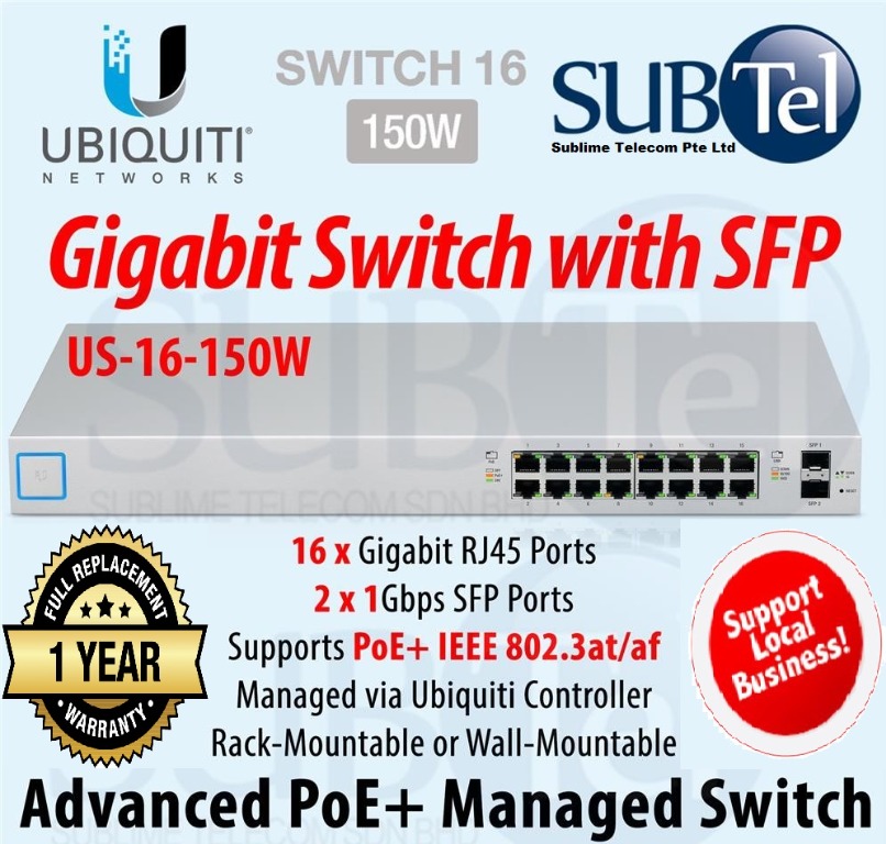 Ubiquiti US-16-150W UniFi Switch 16 Port Advanced PoE+ Managed Switch ...
