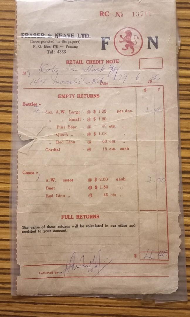 1956 F&N old receipt, Furniture & Home Living, Home Decor, Vases ...