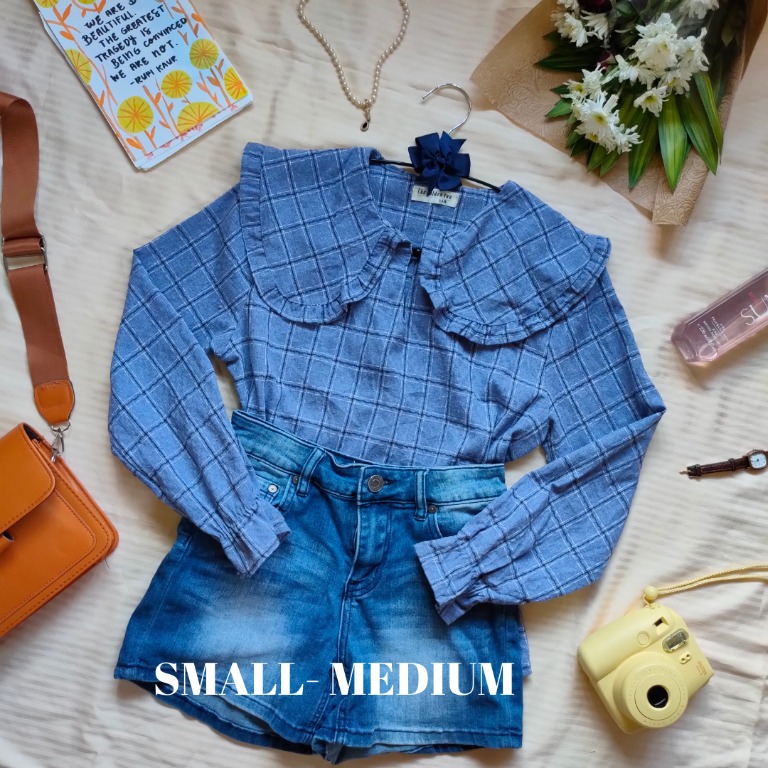Korean Blue Checkered Top, Women's Fashion, Tops, Blouses on Carousell