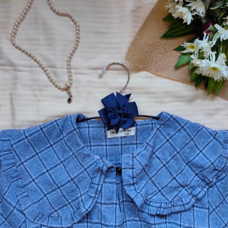 Korean Blue Checkered Top, Women's Fashion, Tops, Blouses on Carousell