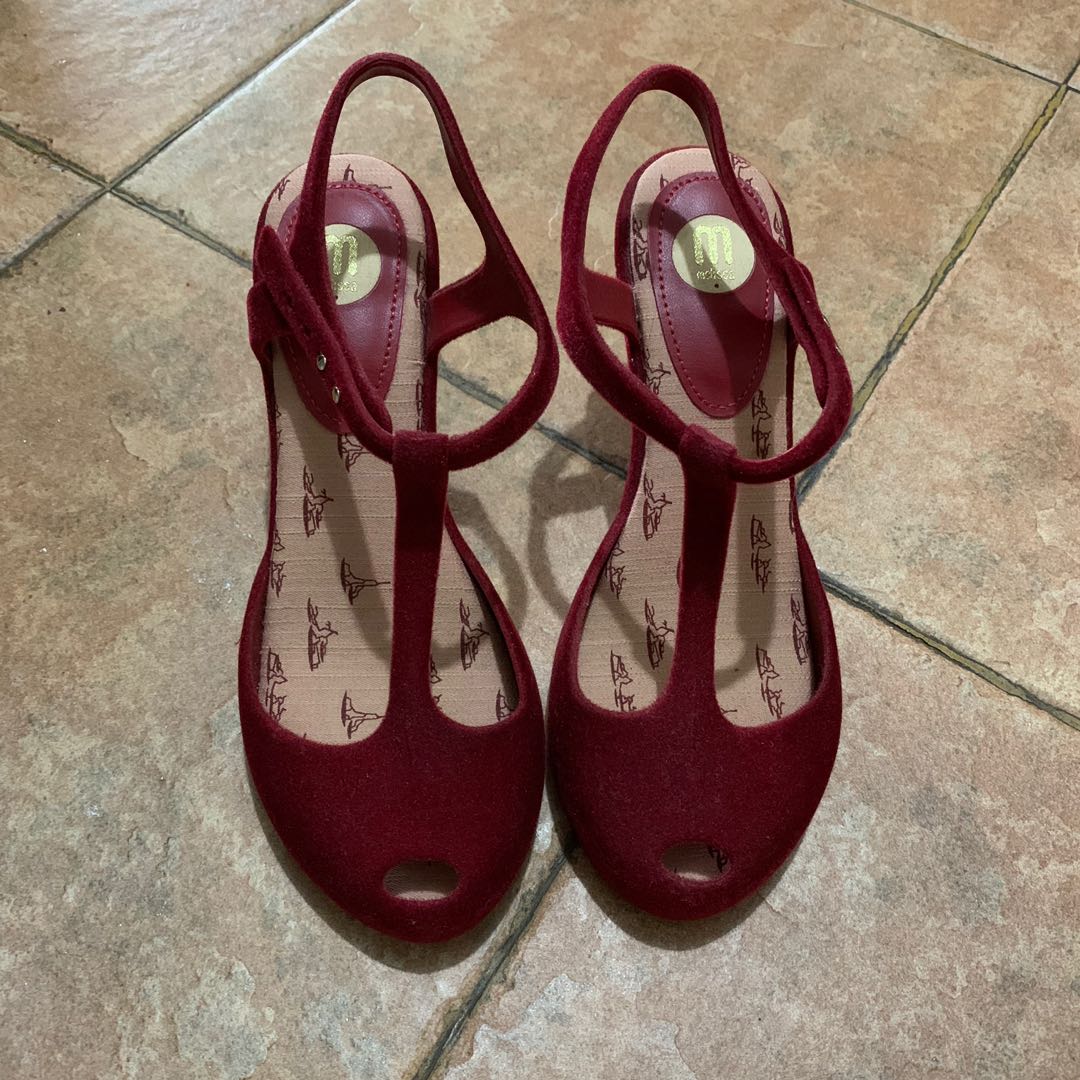 Melissa Deep Red Velvet T-strap Heels with Peep Toe Shoes for Women ...