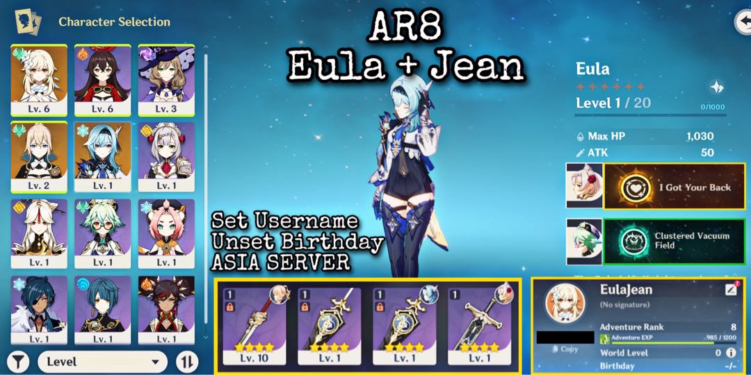 AR8 Eula + Jean - Genshin Impact Starter Account - ASIA SERVER, Toys ...