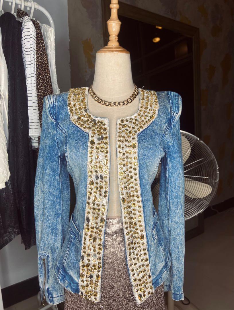 Bedazzle korean inspired denim jacket, Women's Fashion, Tops ...