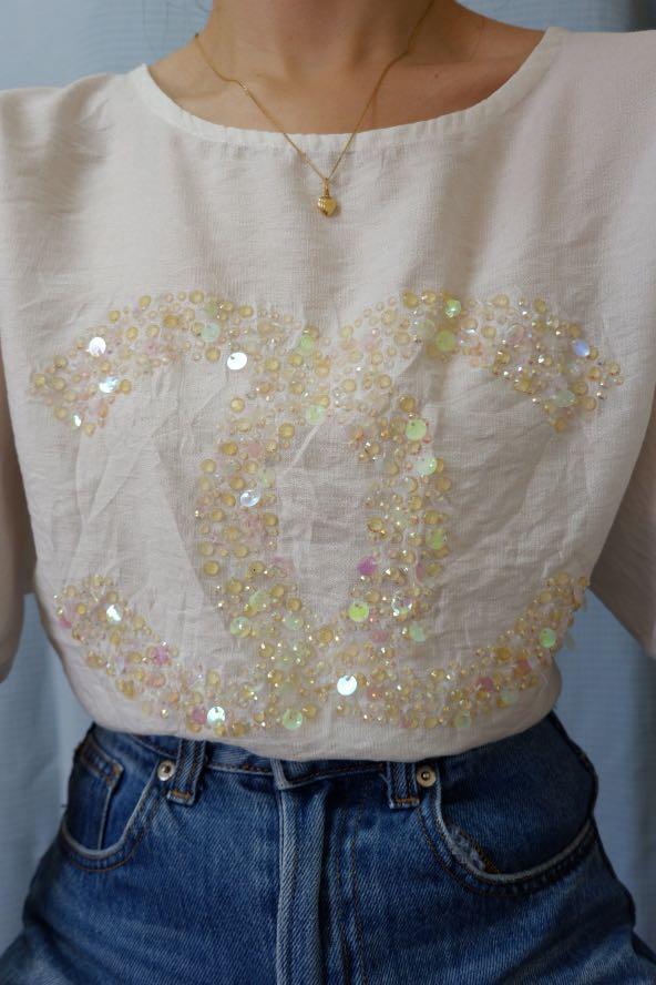 Chanel logo detailed blouse, Women's Fashion, Tops, Blouses on Carousell
