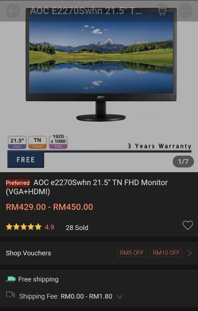 Aoc e2270sw, Computers & Tech, Parts & Accessories, Monitor Screens on ...