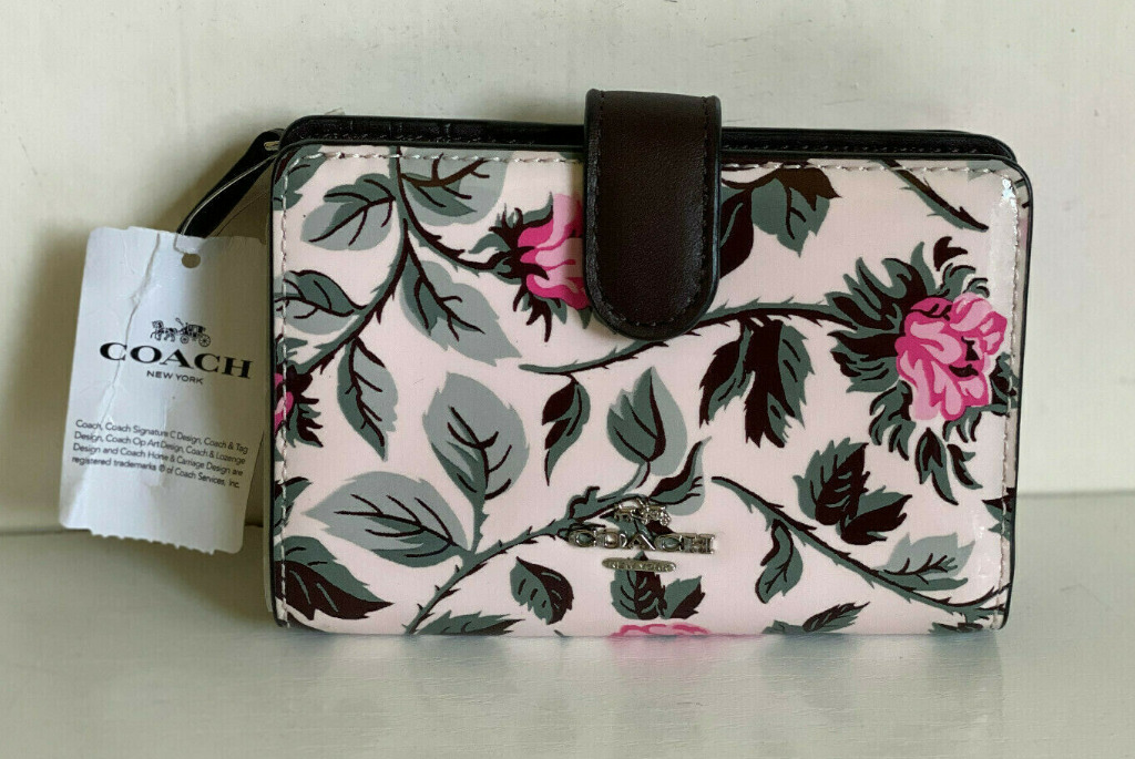 NEW! COACH SLEEPING ROSE PRINT PATENT LEATHER MEDIUM CORNER ZIP WALLET ...