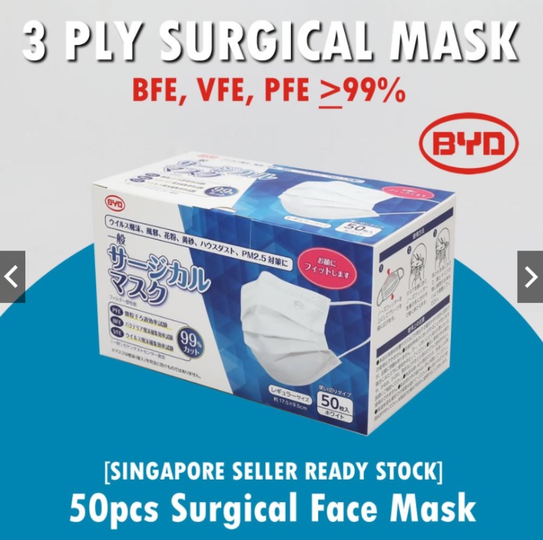 BYD 3-Ply Surgical Mask 50pcs (Singapore Govt Approved), Health ...