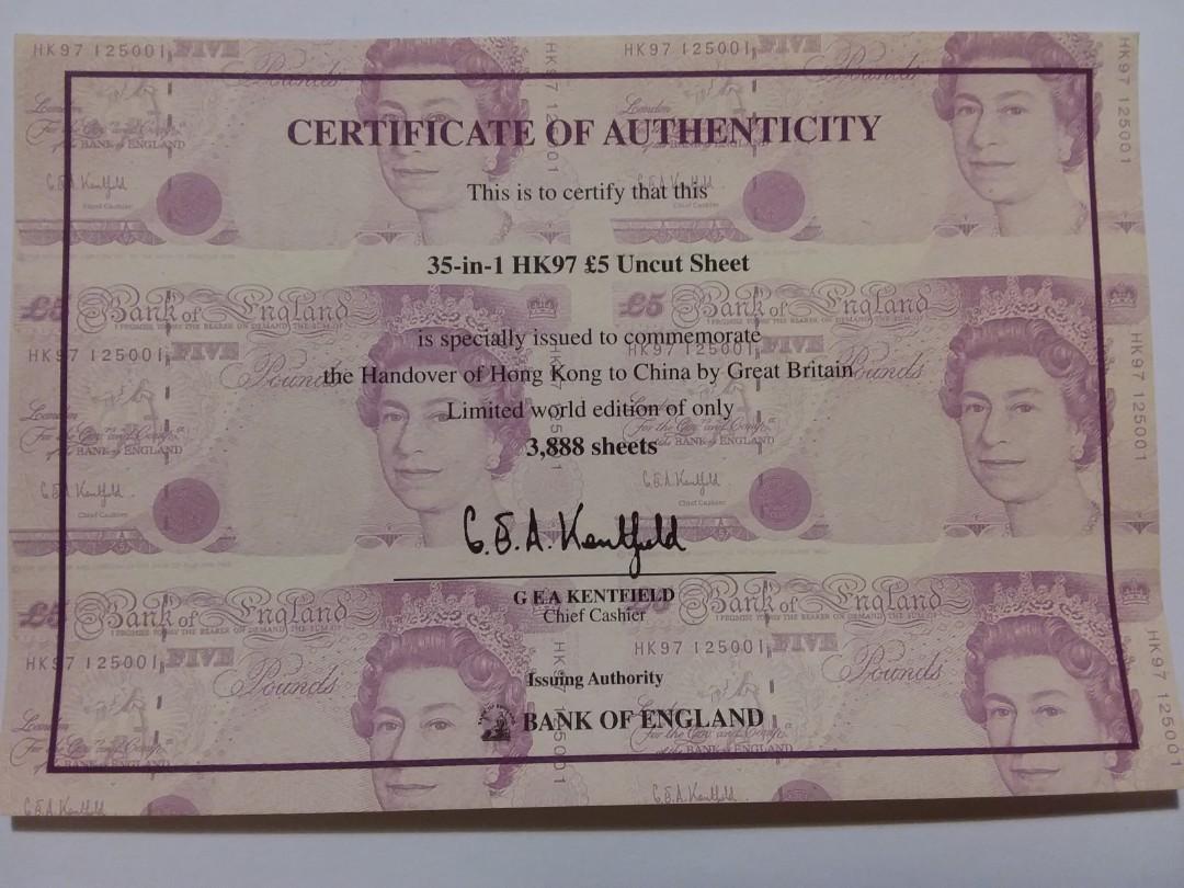 35-in-1 HK97 £5 Uncut Sheet is specially issued to commemorate the ...