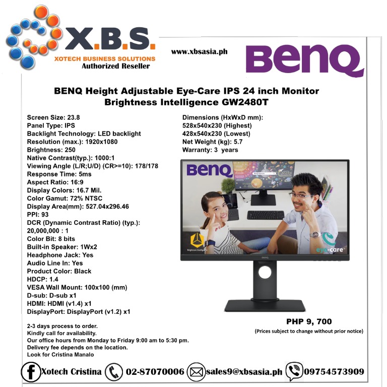 BENQ Height Adjustable Eye-Care IPS 24 inch Monitor Brightness ...