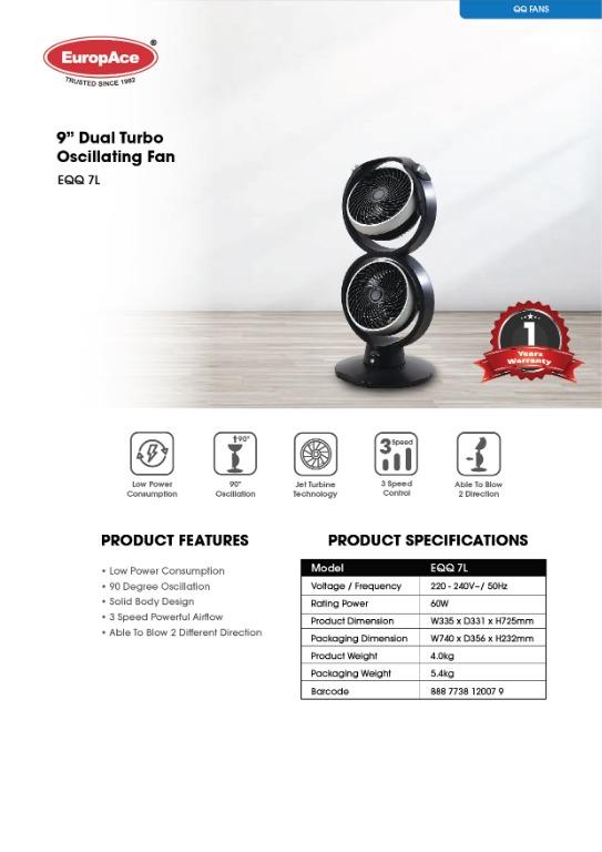 EuropAce EQQ 7L 9" Dual Turbo Oscillating Fan, TV & Home Appliances ...