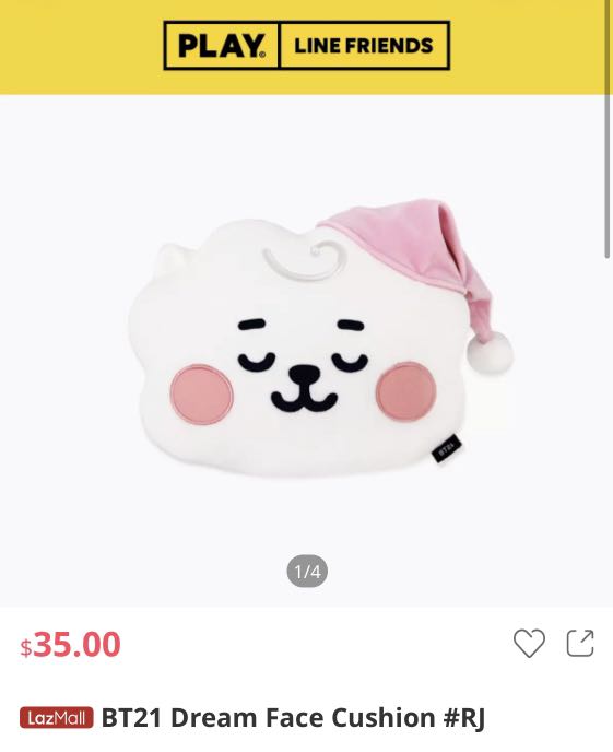 BT21 BTS RJ Mang face coushion, Hobbies & Toys, Toys & Games on Carousell