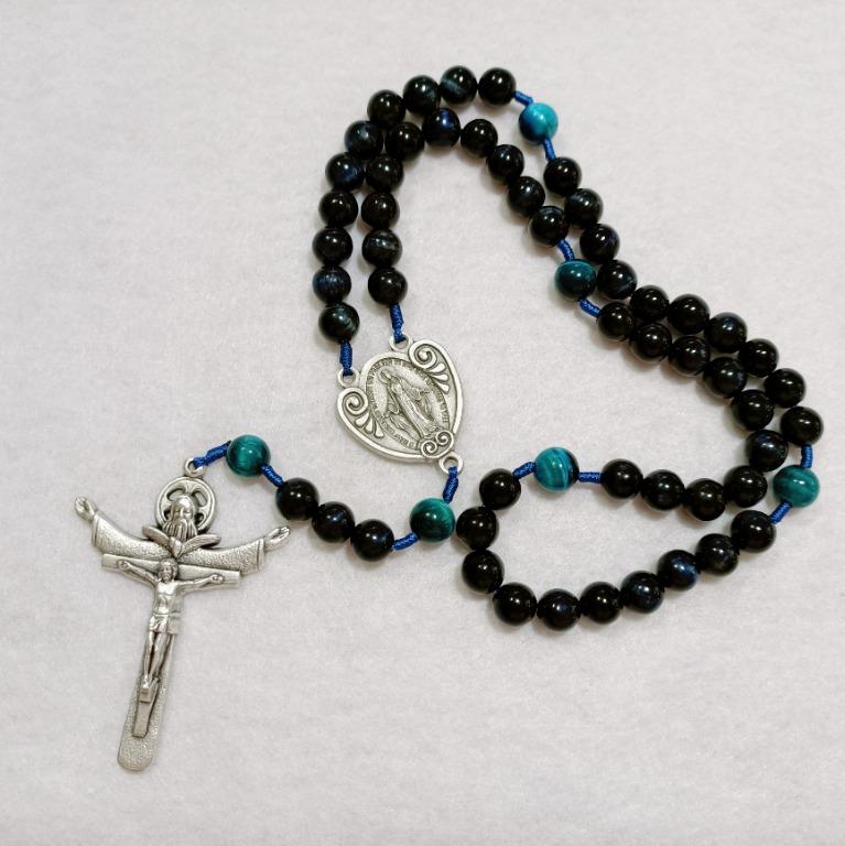 Cord Rosary: Blue Tiger Eye, Miraculous Medal centerpiece and Holy ...