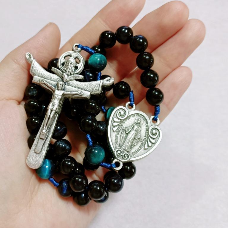 Cord Rosary: Blue Tiger Eye, Miraculous Medal centerpiece and Holy ...