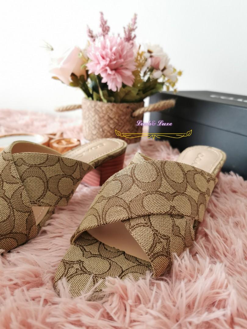 Coach High Heels Slide Sandals in Signature Canvas, Women's Fashion ...
