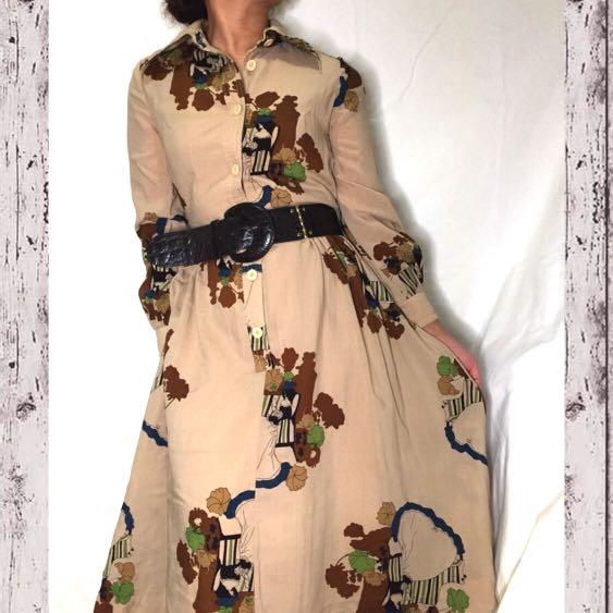 Vintage Cynsia Japan Tan Printed Dress, Women's Fashion, Dresses & Sets ...