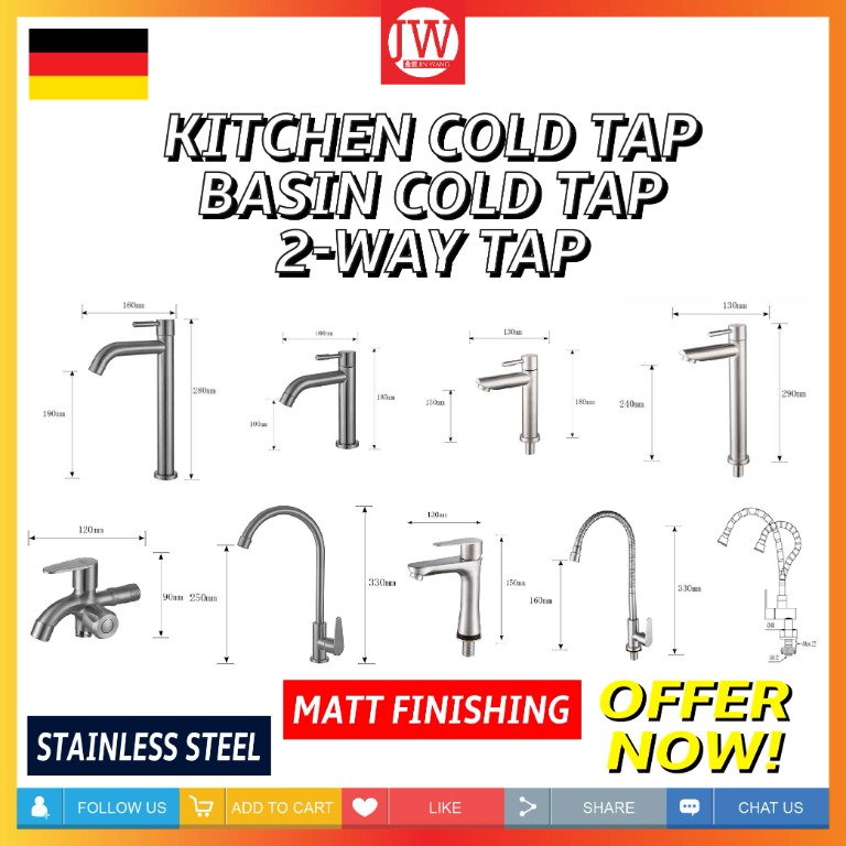 Matt Stainless Steel - Kitchen Cold Tap / Basin Cold Tap / 2-Way Tap ...