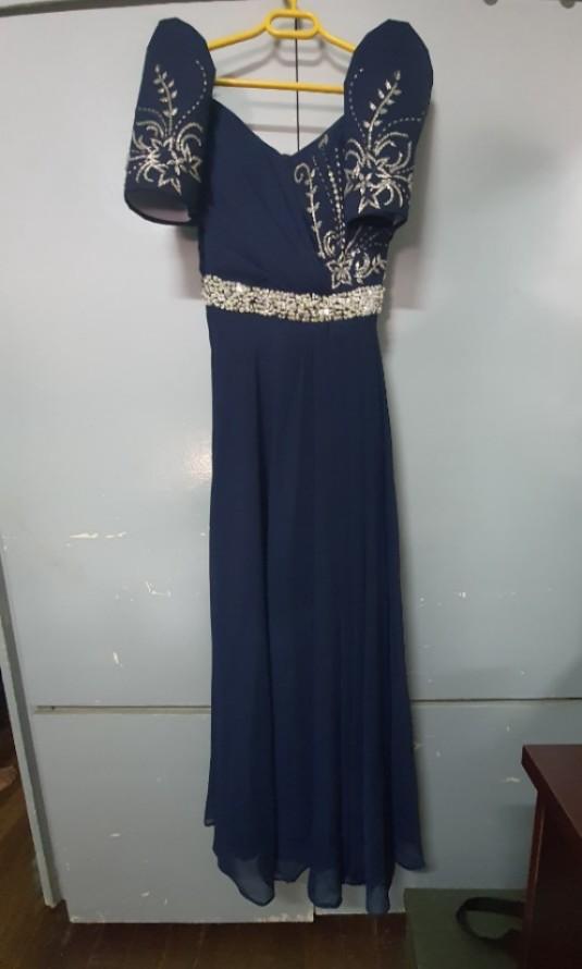 Filipiniana Navy Blue Long Dress, Women's Fashion, Dresses & Sets ...