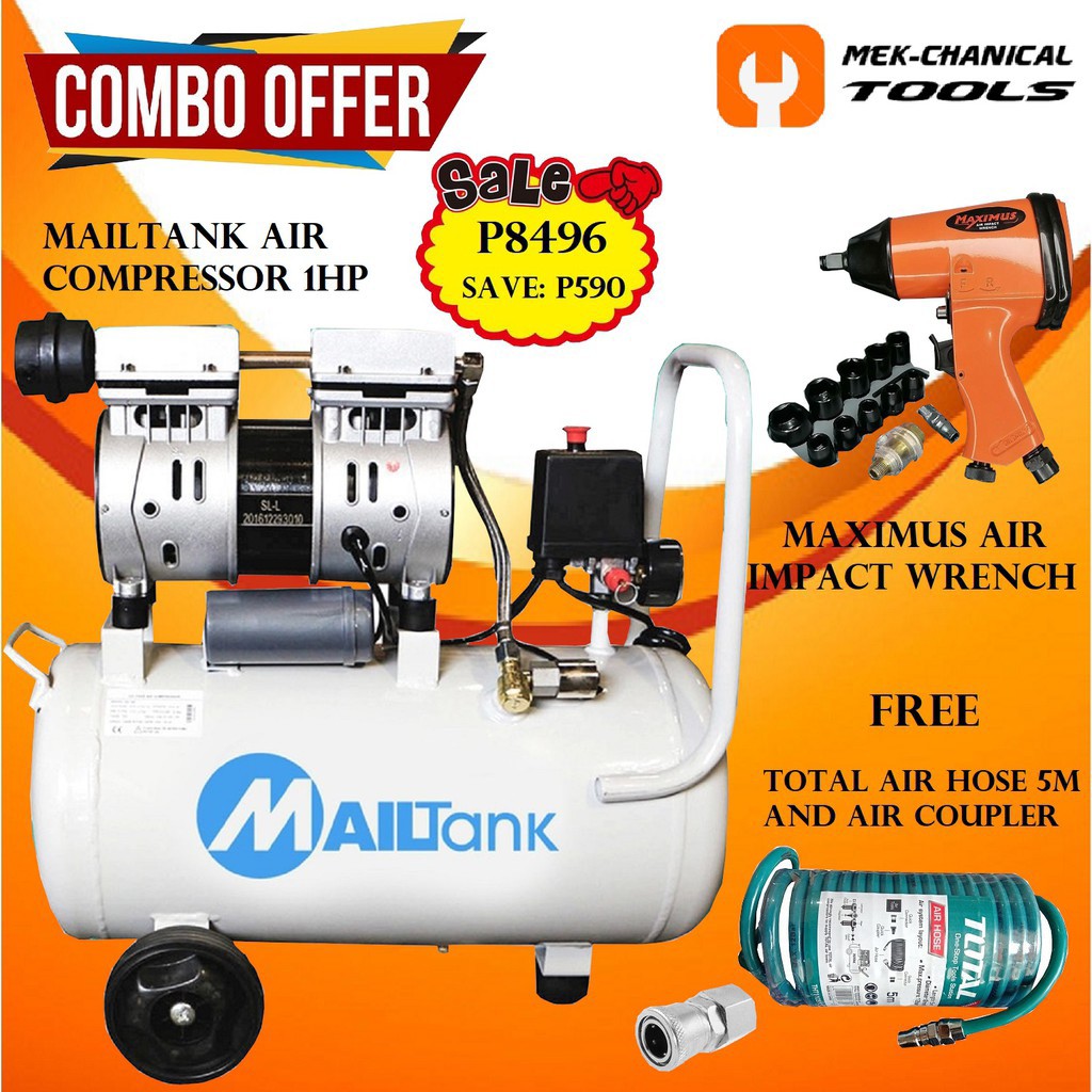 MailTank Oiless Air Compressor 1HP 30Liters and Maximus Air Tool Kit ...