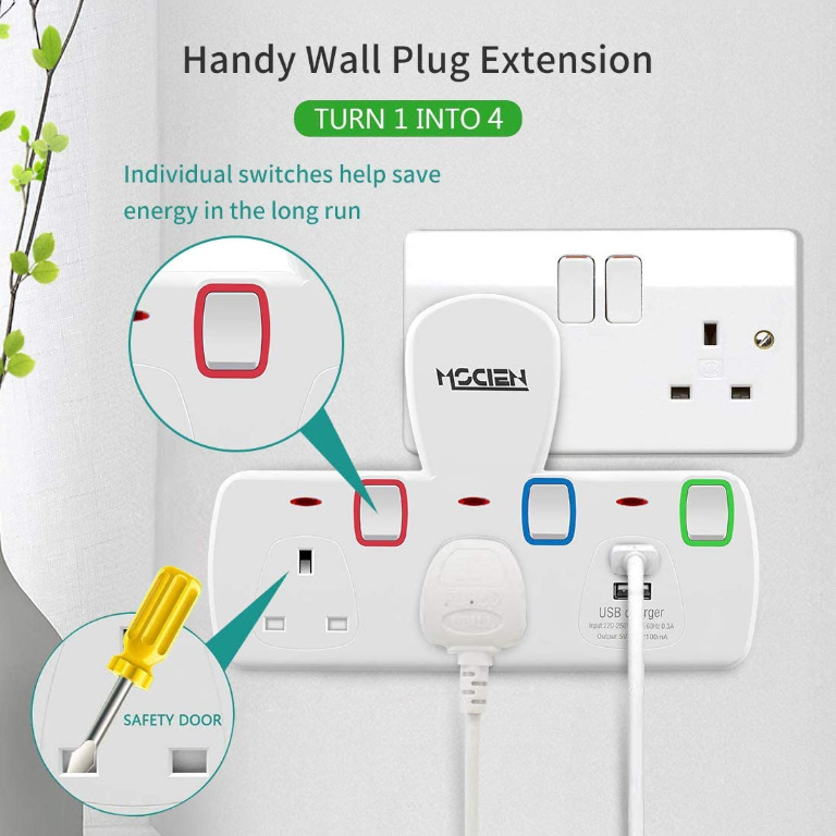 Mscien 2 Way Plug with USB Multi-Plug Wall Socket Adaptor with ...