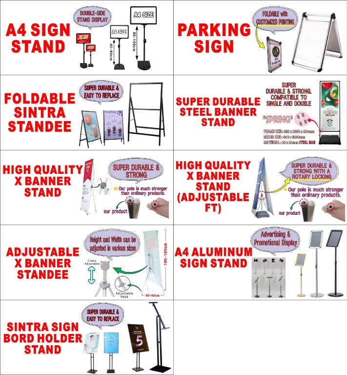 standee, parking SIGN, A4 standee, BANNER STAND and sintra stand