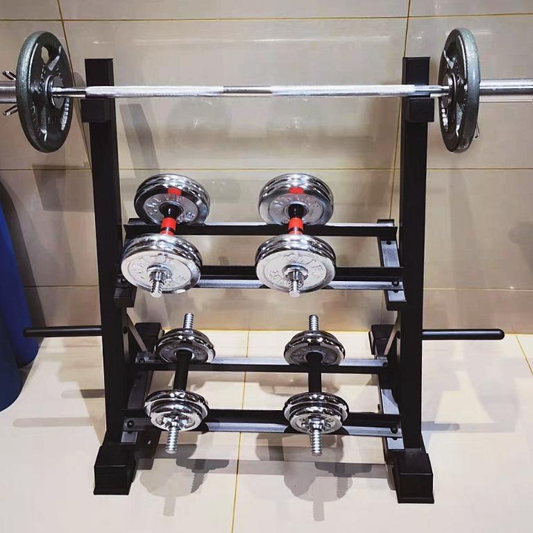 Barbell and Dumbbell Rack with Plate storage and Adjustable Rail Width ...