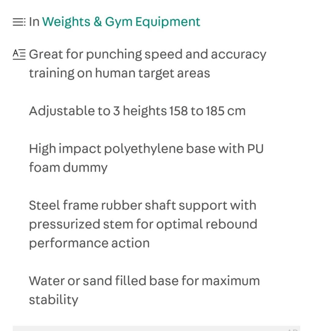 Bob man punching bag torso dummy free standing, Sports Equipment, Other ...