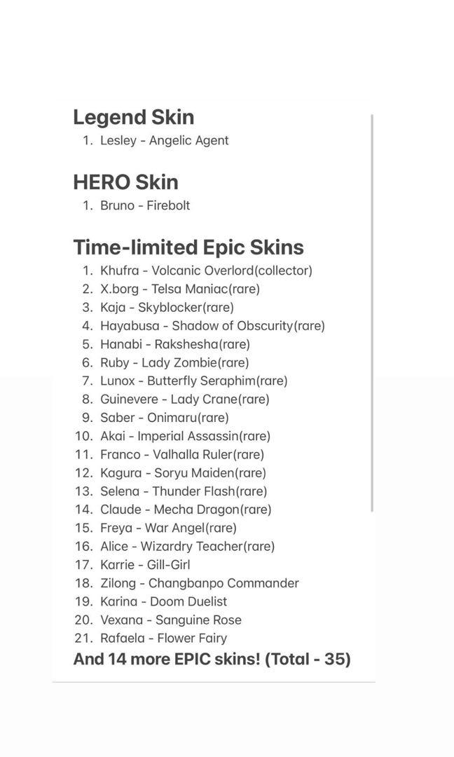 (Bruno HERO Skin, Lesley Legend Skin, 21 Time-limited Epic skins & more ...