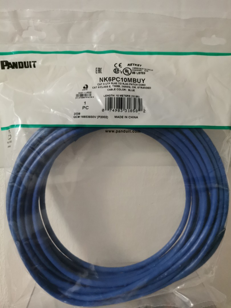 Panduit Cat6 10m Blue Patch Cord, Computers & Tech, Parts & Accessories ...