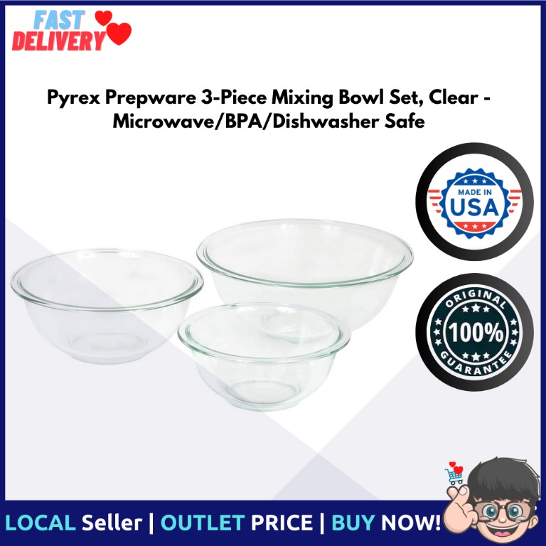 Pyrex Prepware 3-Piece Mixing Bowl Set, Clear - Microwave/BPA ...