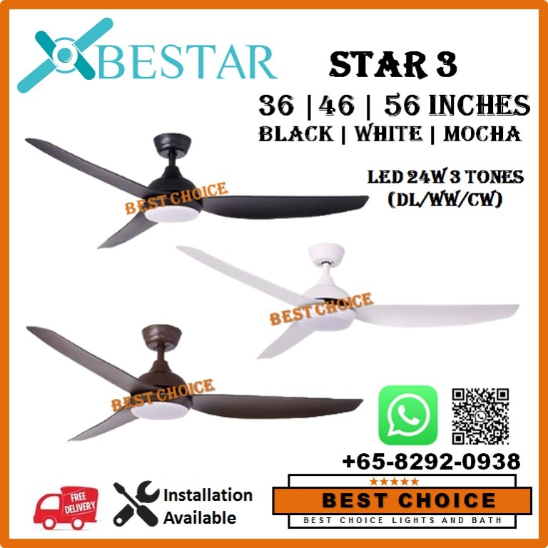 STAR-3 BESTAR CEILING FAN LED Light DC Motor 38|46|56+ 24W 3-BLADES ...