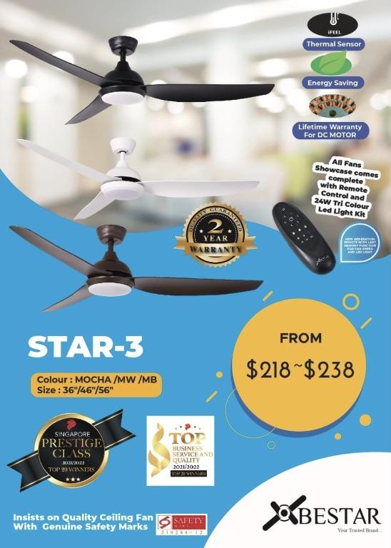 STAR-3 BESTAR CEILING FAN LED Light DC Motor 38|46|56+ 24W 3-BLADES ...