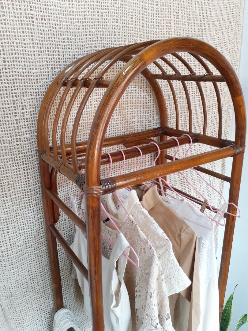 Cottagecore/ boho Arched Rattan clothing rack with drawer and wheels ...