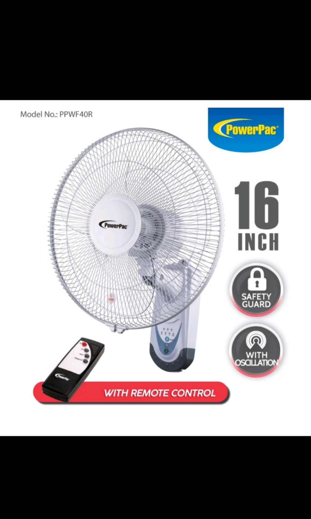 PowerPac Wall Fan 16 Inch with Remote Control (PPWF40R), Furniture ...