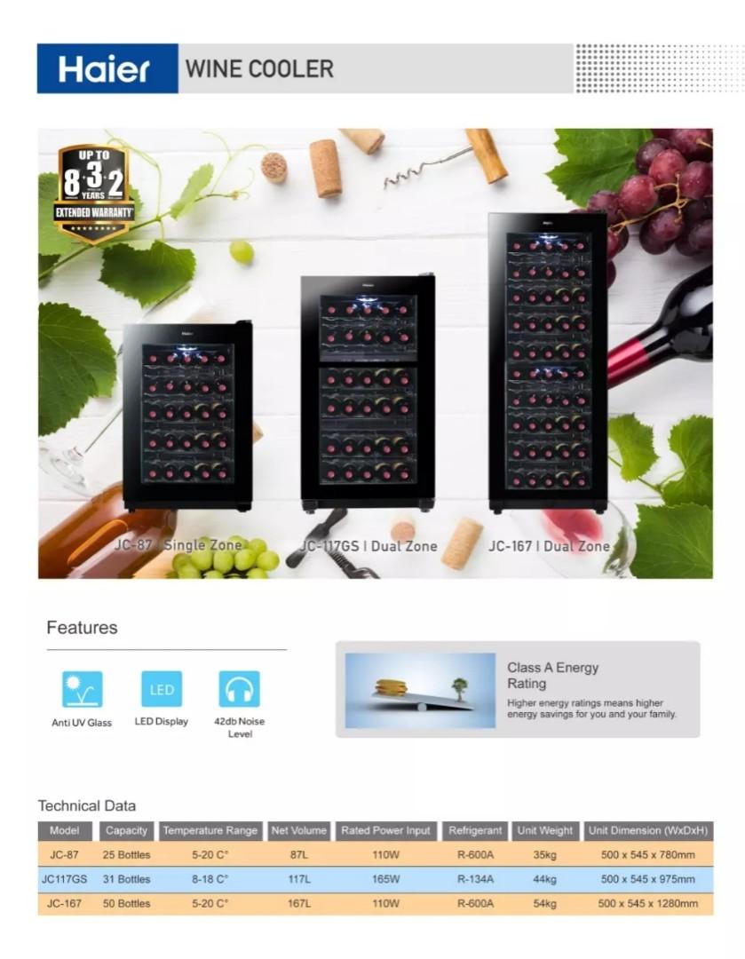 New Haier Wine Cooler JC-87 JC-117 JC167 with Led Light & Display, TV & Home Appliances, Kitchen ...