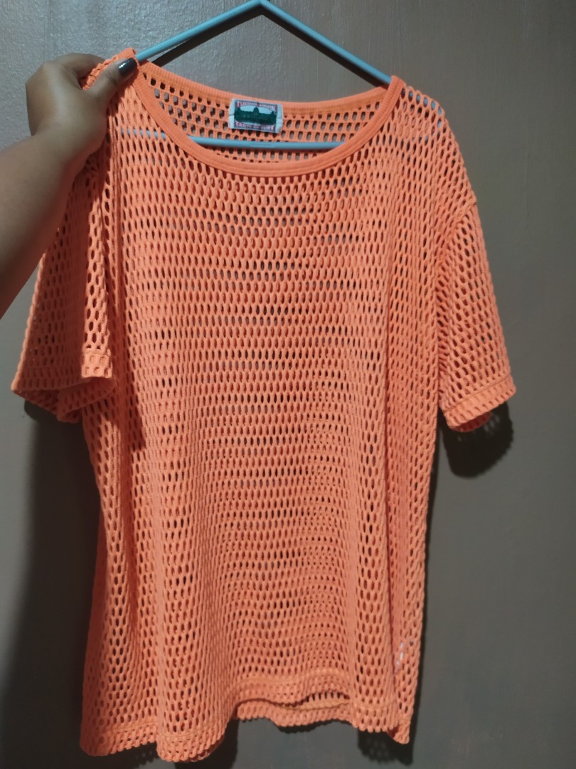 NEON ORANGE SEE THROUGH MESH FISH NET COVER UP TOP FOR BIKINI OVERSIZED ...