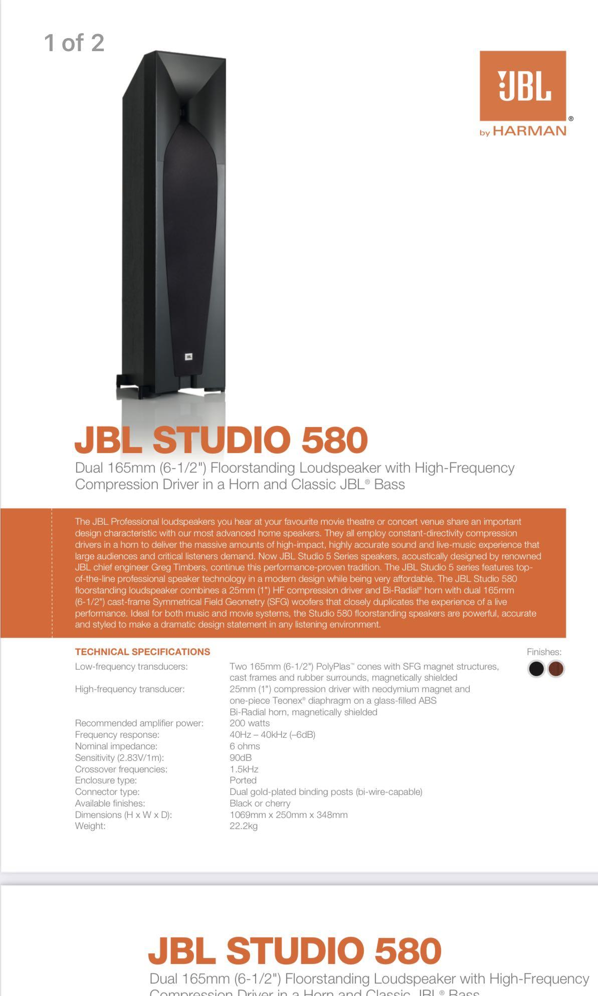 JBL Studio 580 Floorstanding Speakers, Audio, Soundbars, Speakers ...