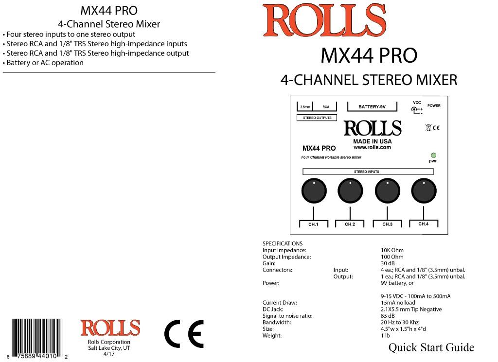 MX44PRO 4 channel stereo audio mixer ( DC/ 9V powering), Audio, Other ...