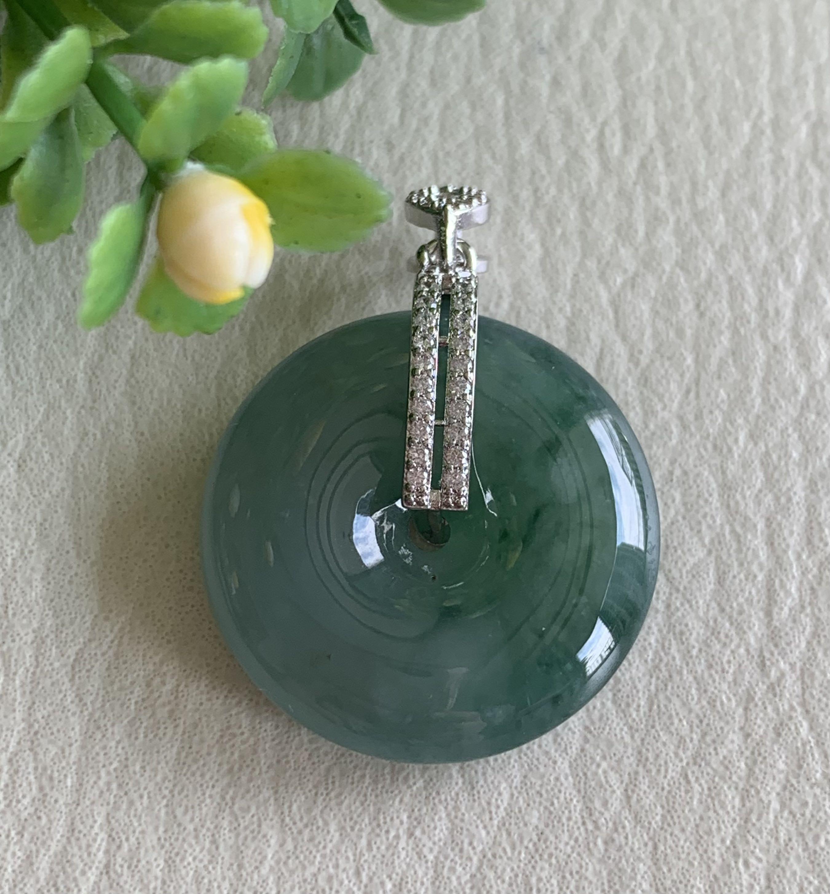 Translucent floating flower green jadeite Ping Ann Kuo with silver bail ...