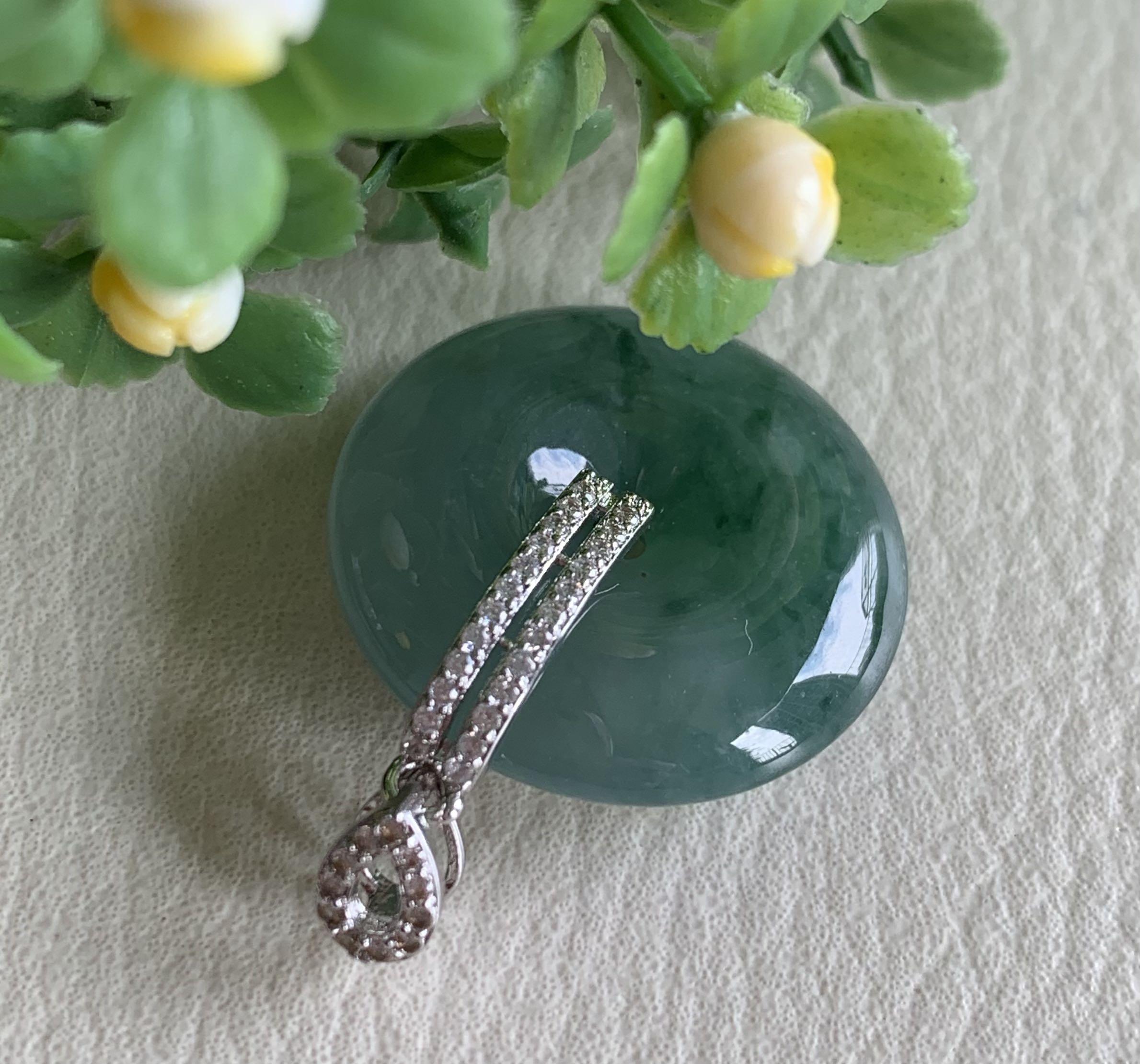 Translucent floating flower green jadeite Ping Ann Kuo with silver bail ...