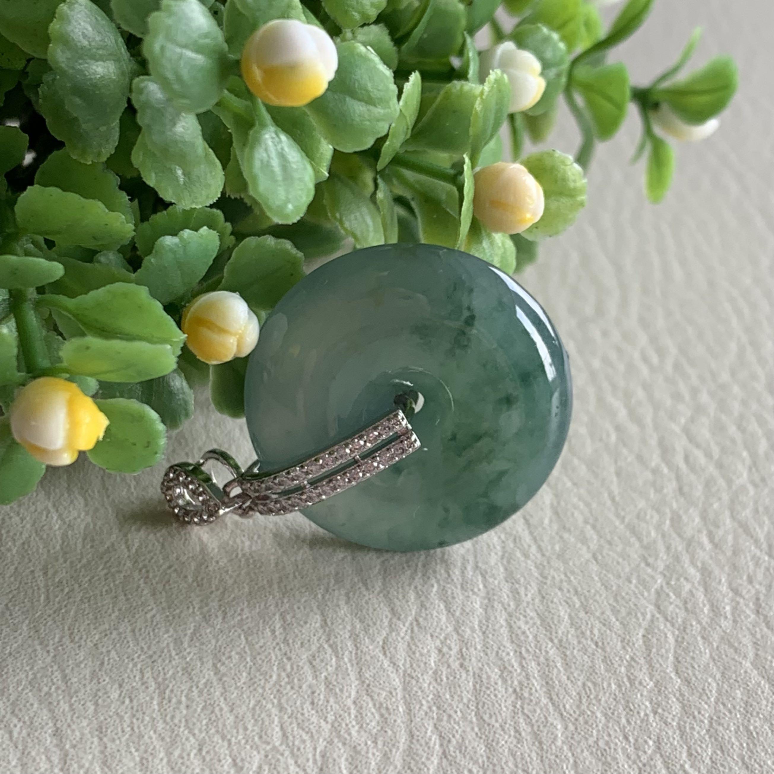 Translucent floating flower green jadeite Ping Ann Kuo with silver bail ...