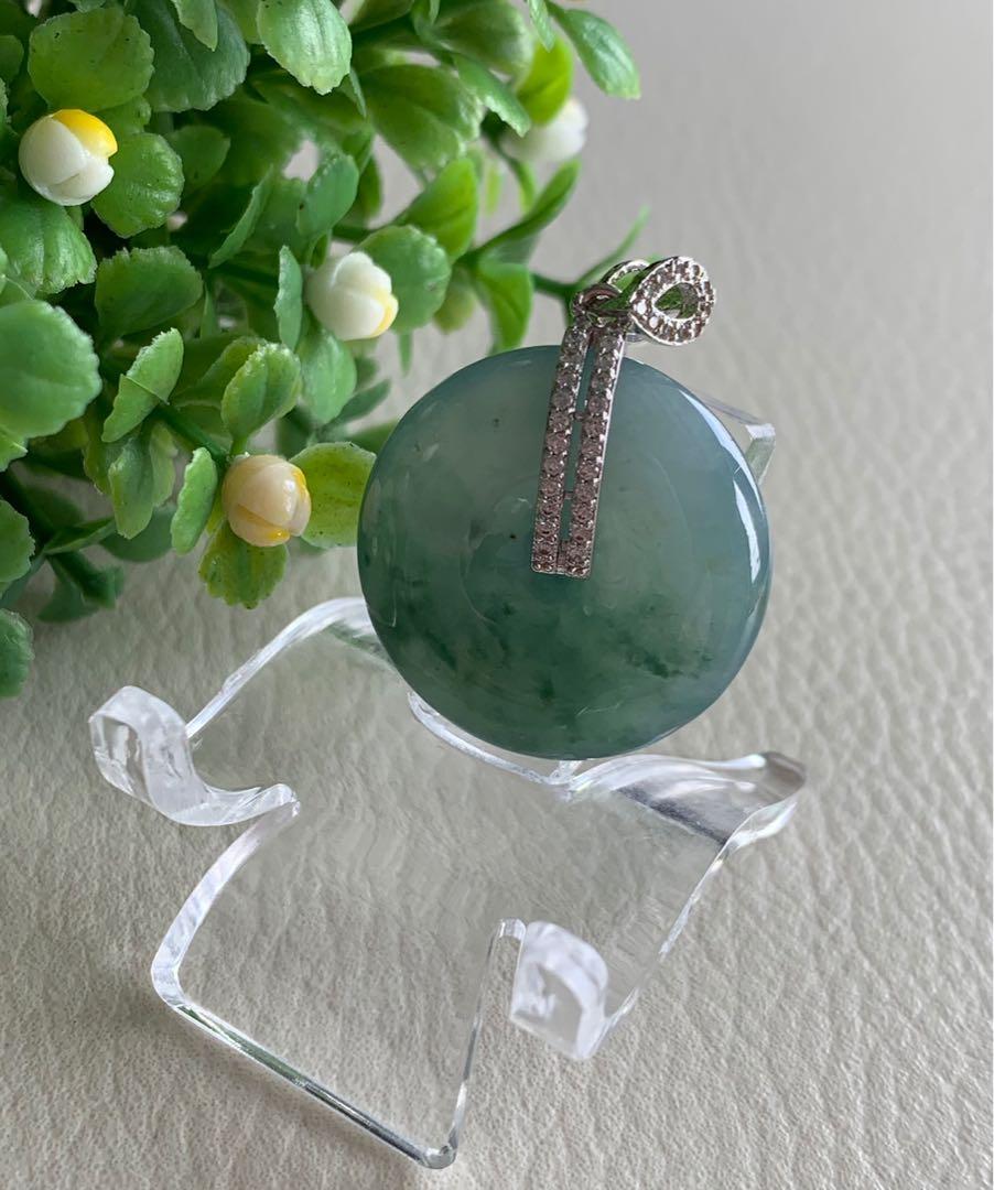 Translucent floating flower green jadeite Ping Ann Kuo with silver bail ...