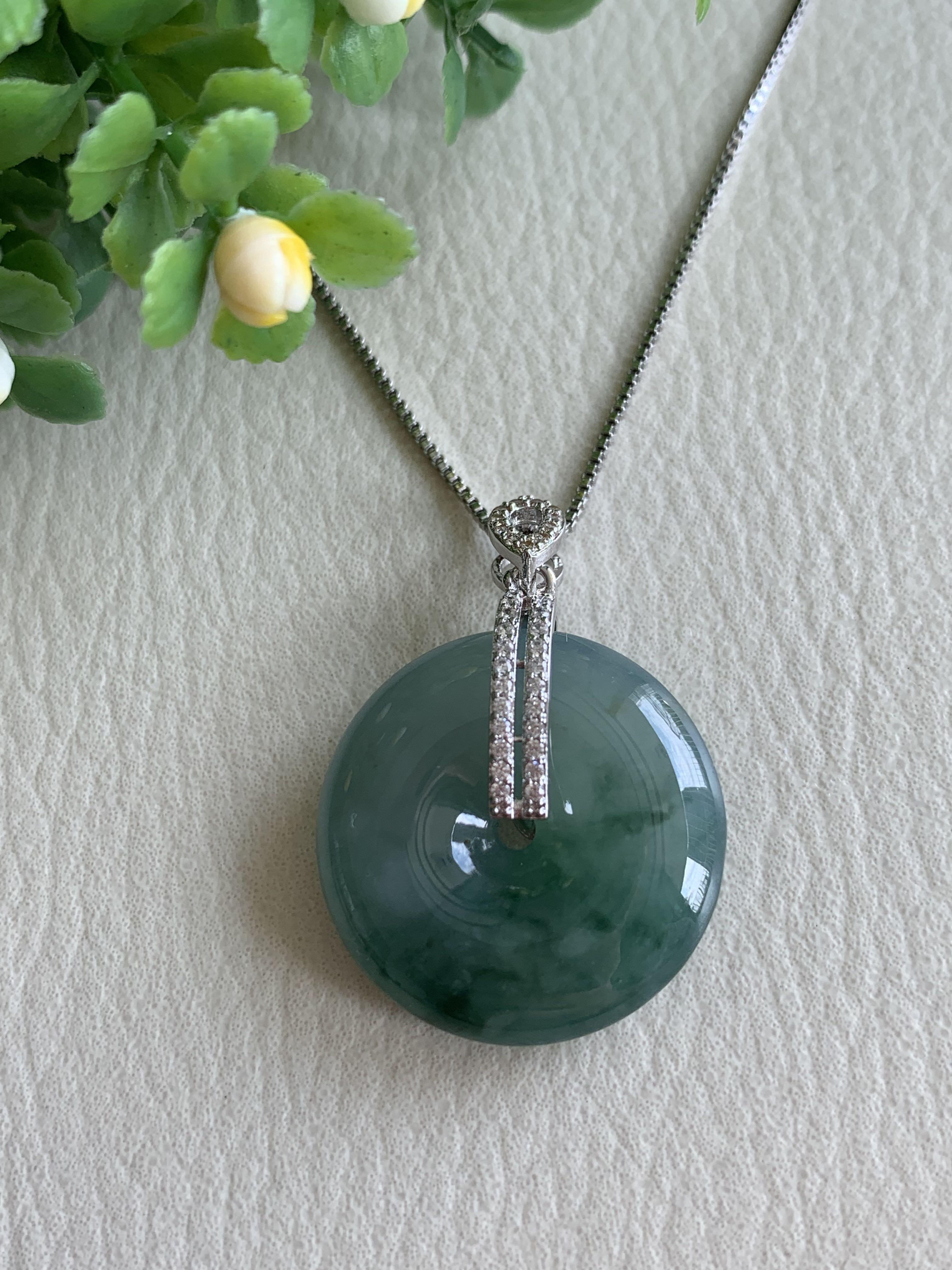 Translucent floating flower green jadeite Ping Ann Kuo with silver bail ...