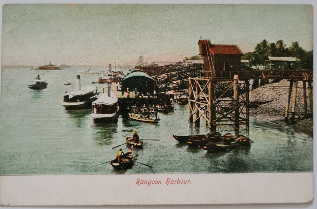 Vintage Rangoon Harbour picture postcard. Can see house at the Jetty ...
