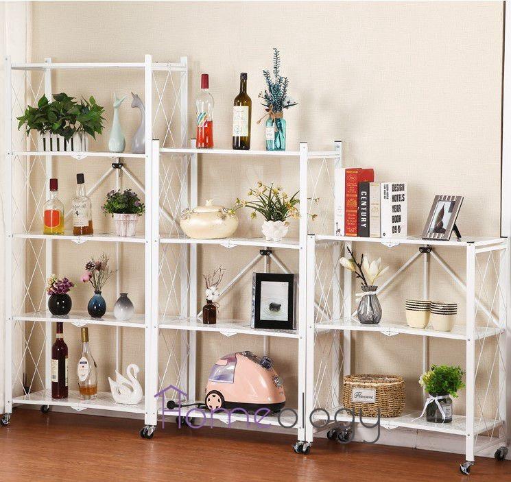 Foldable Storage Rack Movable Folding Bookshelf Kitchen Metal Shelf ...