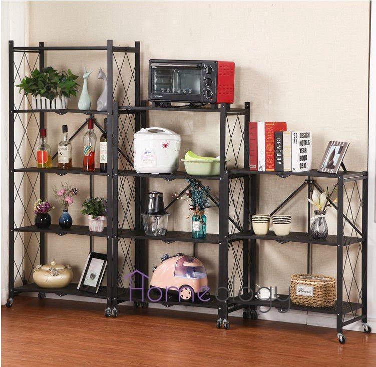 Foldable Storage Rack Movable Folding Bookshelf Kitchen Metal Shelf ...