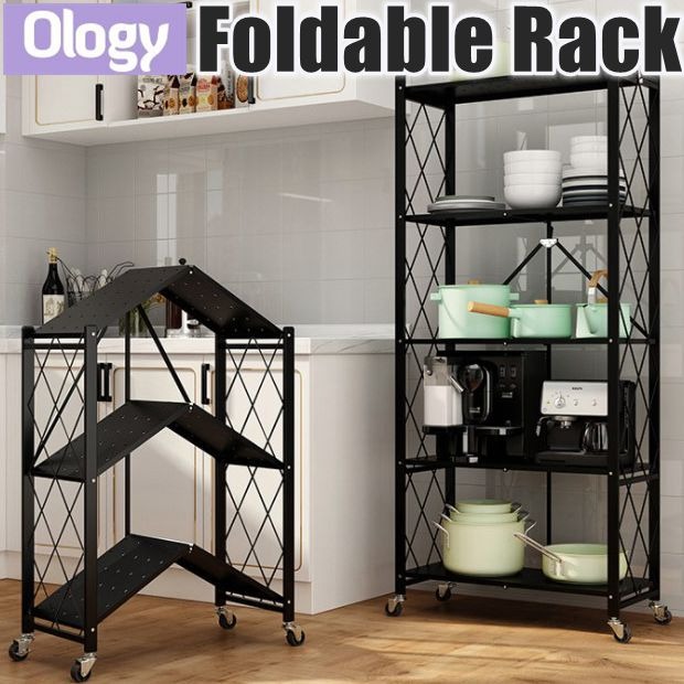Foldable Storage Rack Movable Folding Bookshelf Kitchen Metal Shelf ...