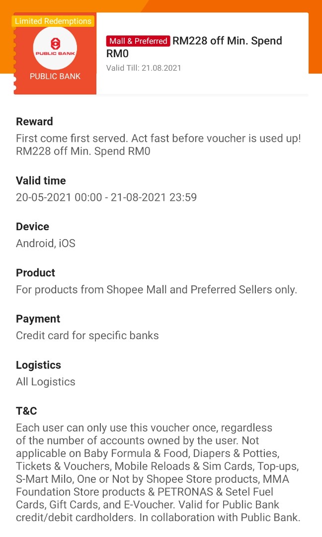 Shopee Voucher RM228, Tickets & Vouchers, Vouchers on Carousell