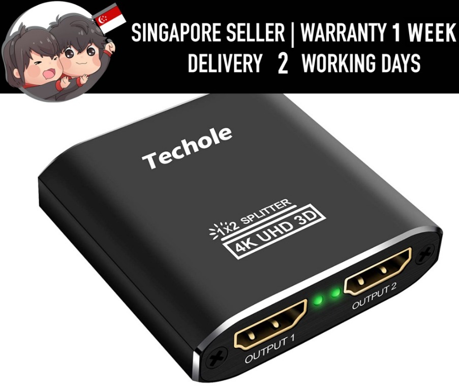 Techole HS306 HDMI Splitter 1 in 2 Out, 4K UHD 3D Powered HDMI Splitter Supports 3D 4K@30HZ Full ...