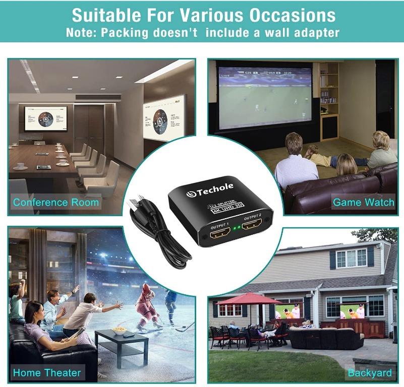 Techole HS306 HDMI Splitter 1 in 2 Out, 4K UHD 3D Powered HDMI Splitter Supports 3D 4K@30HZ Full ...