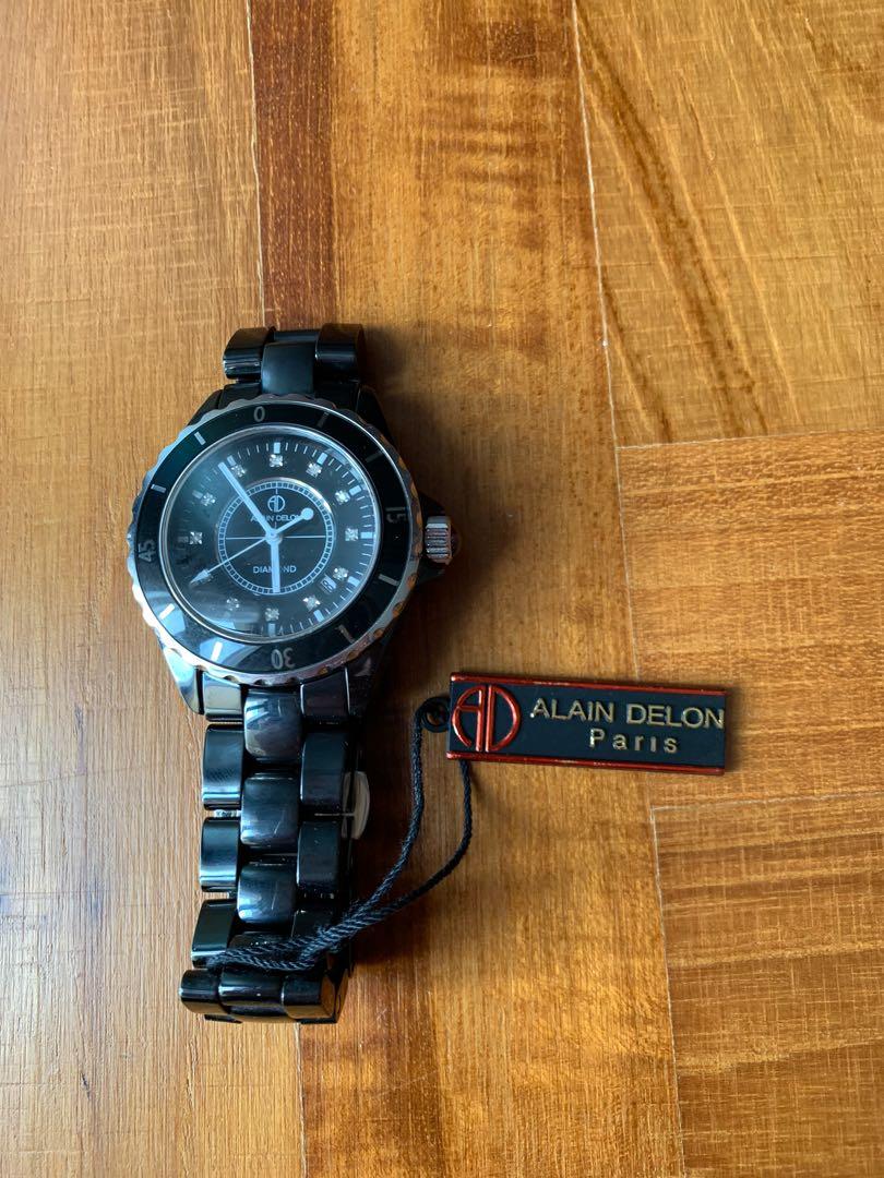 Alain Delon black ceramic man diamond quartz watch, Men's Fashion ...